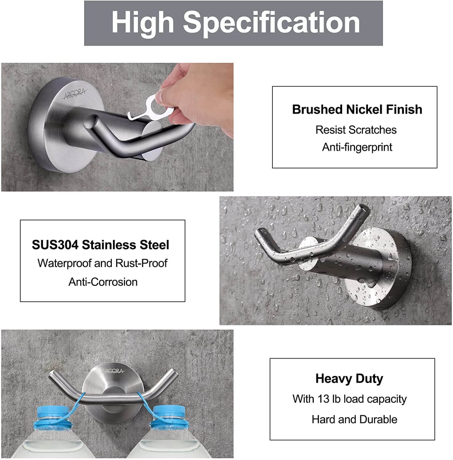 ARCORA Brushed Nickel Towel Hooks, Double Robe Hooks, Heavy Duty Wall Hooks – ARCORA FAUCETS