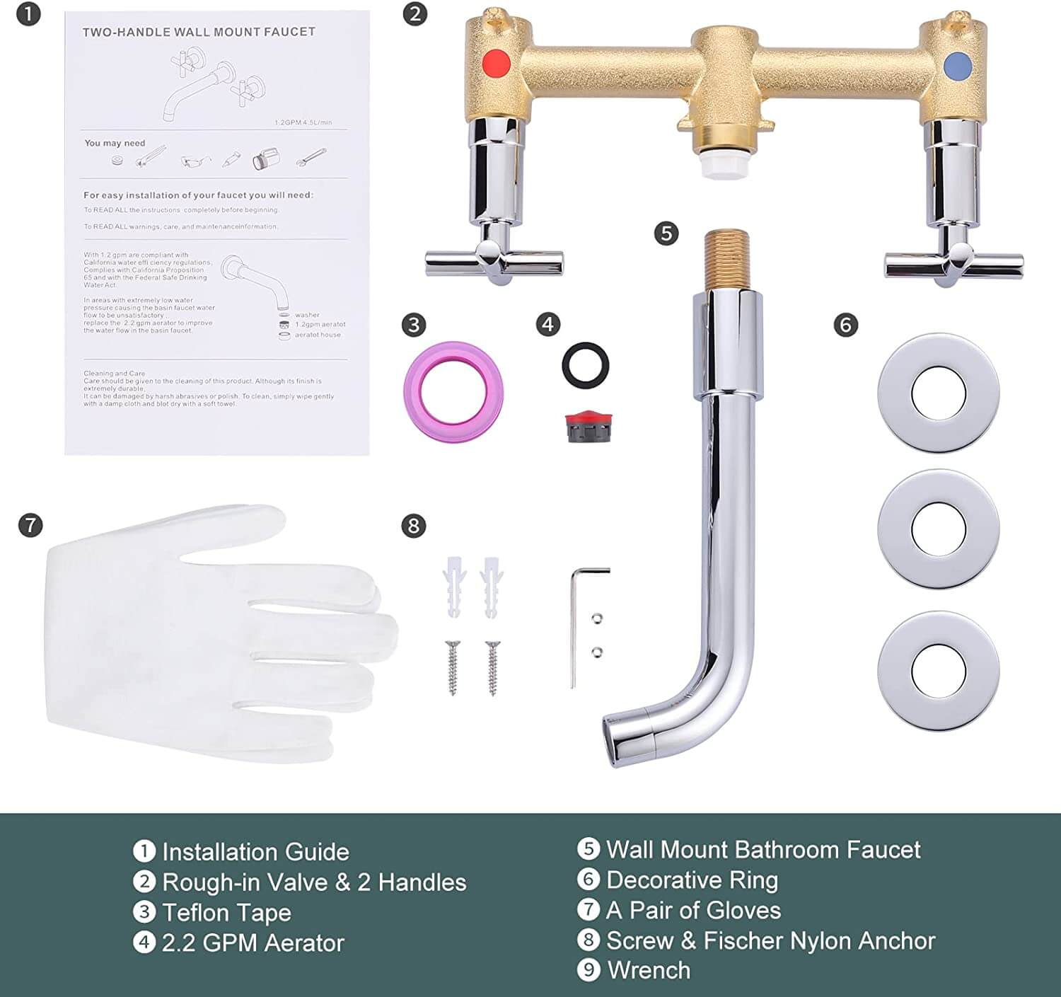 ARCORA 2 Cross Handle Chrome Wall Mounted Bathroom Sink Faucet Rough in ...