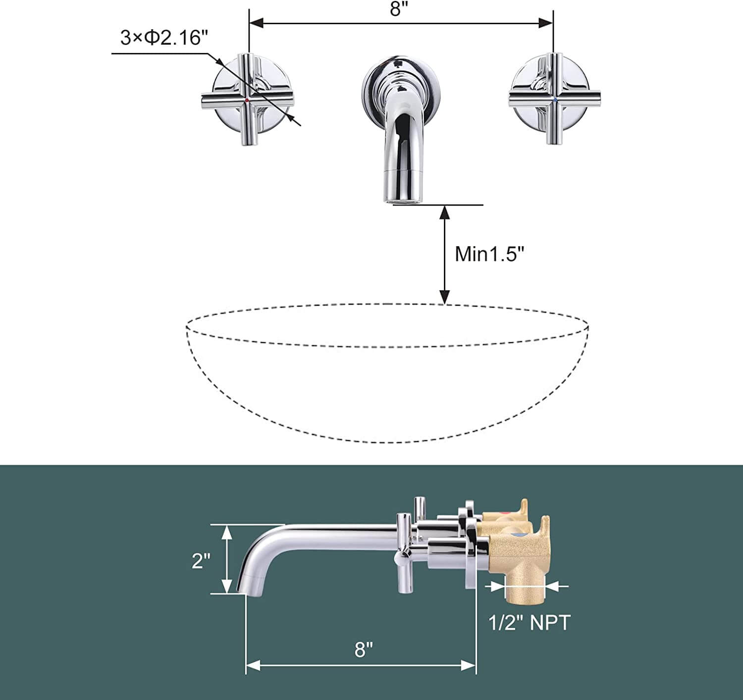 ARCORA 2 Cross Handle Chrome Wall Mounted Bathroom Sink Faucet Rough In ...