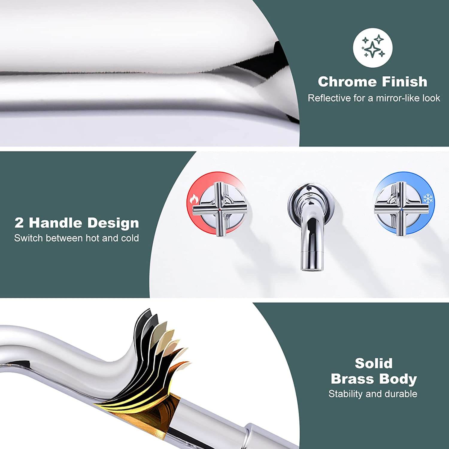 ARCORA 2 Cross Handle Chrome Wall Mounted Bathroom Sink Faucet Rough in ...