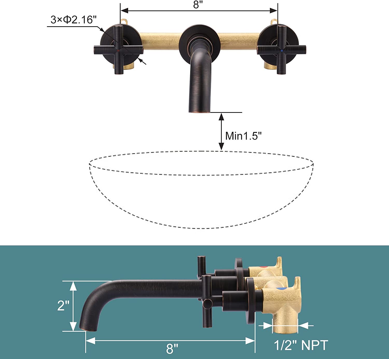 ARCORA Oil Rubbed Bronze 2 Cross Handle Wall Mounted Bathroom Sink ...