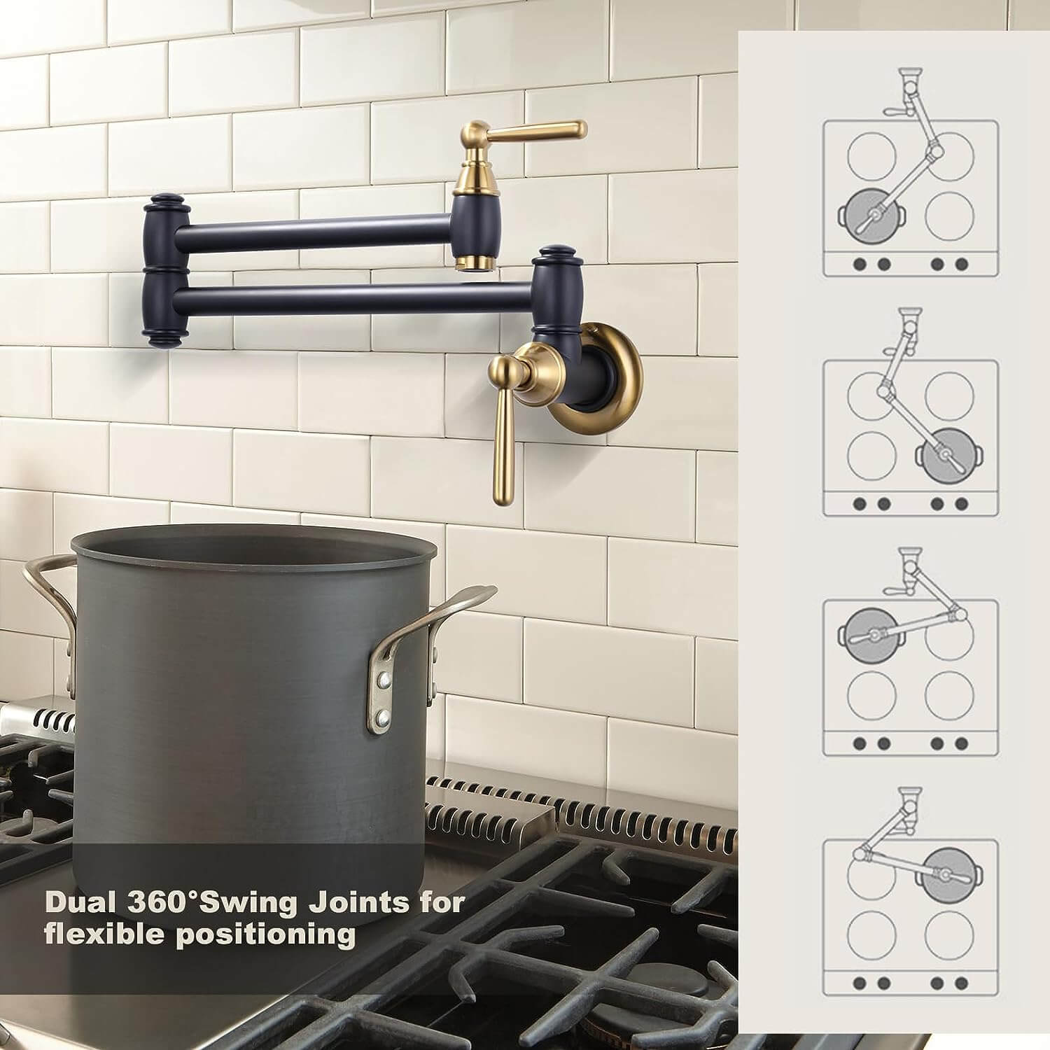 ARCORA Black Gold Pot Filler Faucet Wall Mount Kitchen Folding Faucet ...