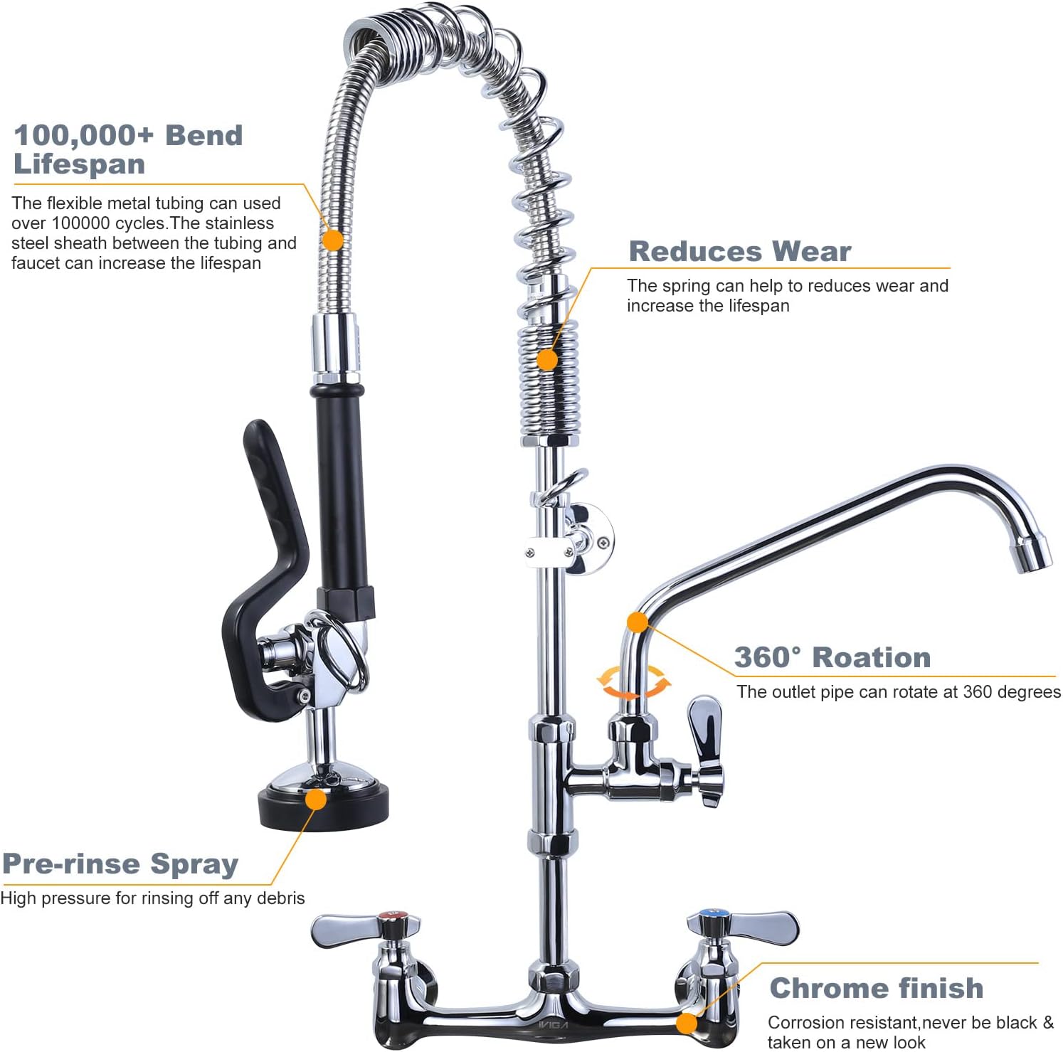 8 Inch Center Wall Mount Kitchen Commercial Sink Faucet With 9.6" Add ...