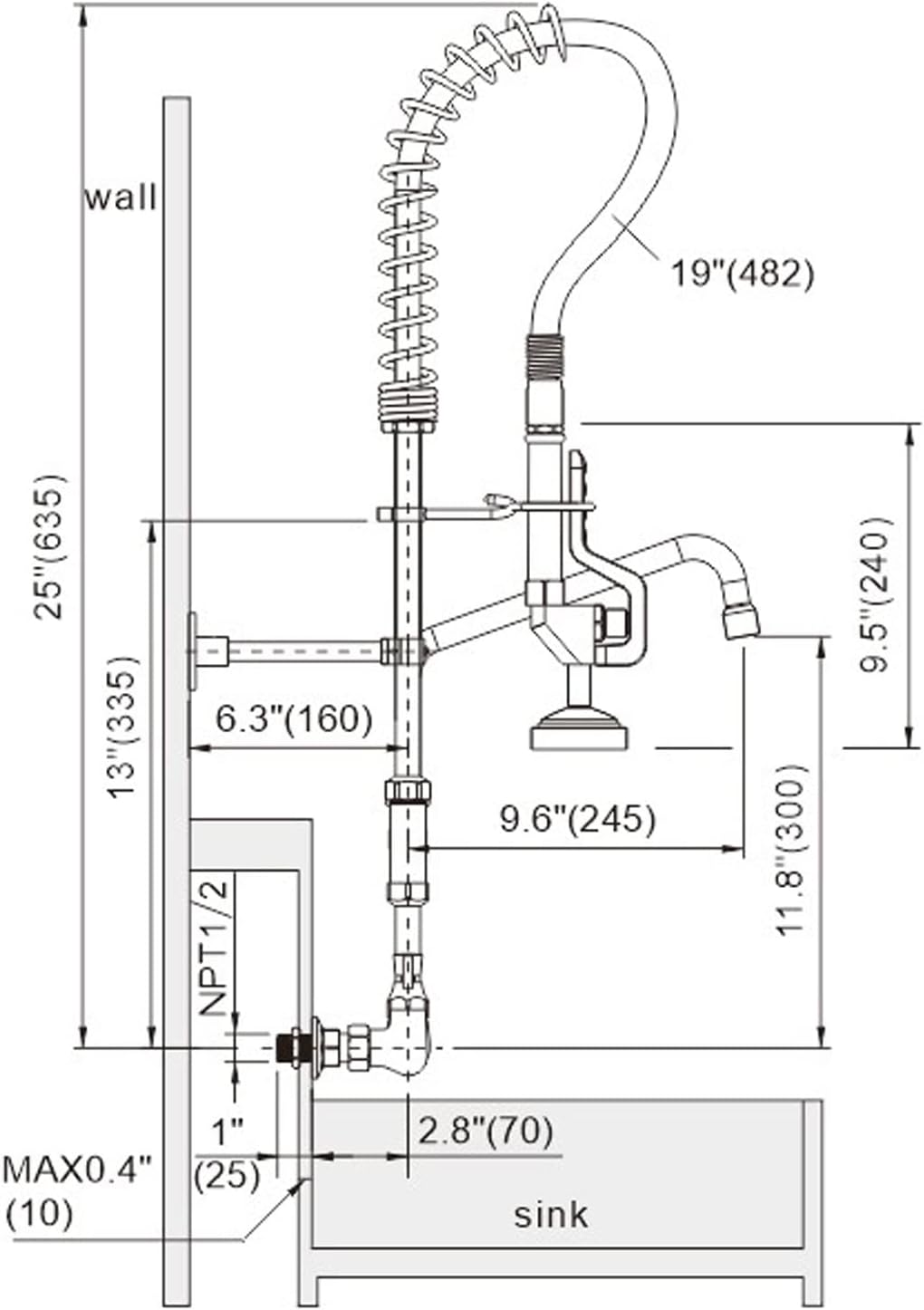 8 Inch Center Wall Mount Kitchen Commercial Sink Faucet With 9.6" Add ...