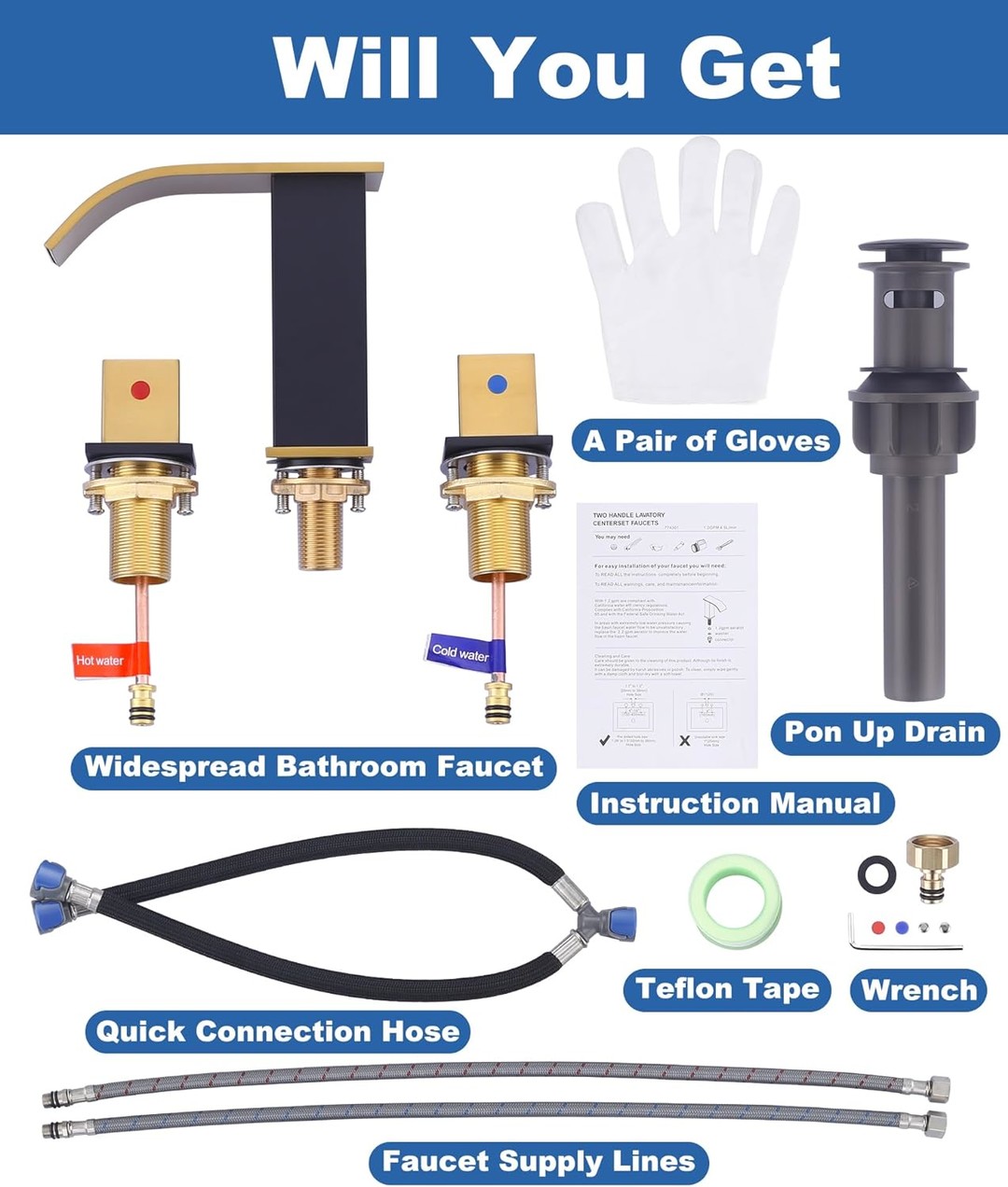 ARCORA Black And Gold Waterfall Widespread Bathroom Faucet With Pop Up ...