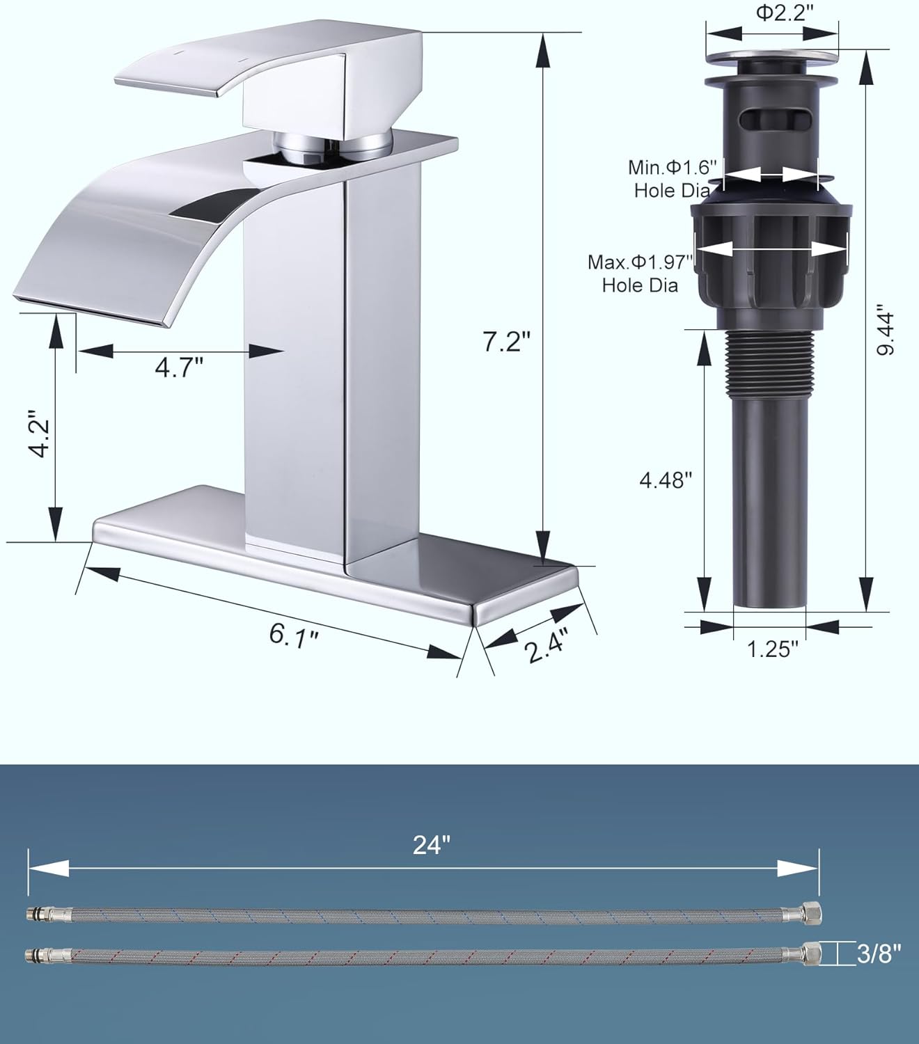 ARCORA Single Handle Chrome Waterfall Bathroom Sink Faucet with Pop Up ...