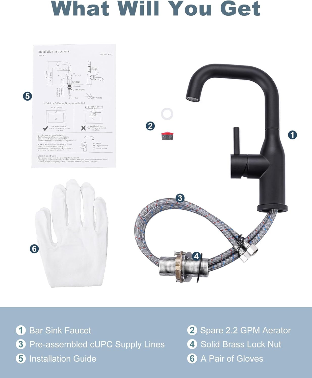 ARCORA Matte Black Single Hole Bar Sink Faucet with cUPC Supply Lines ...