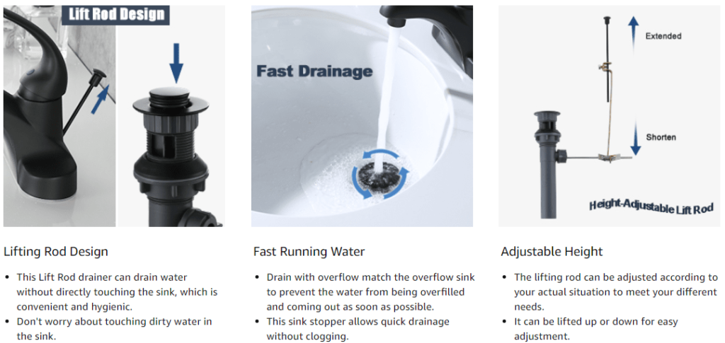 ARCORA Matte Black Bathroom Sink Drain with Overflow & Lift Rod for ...