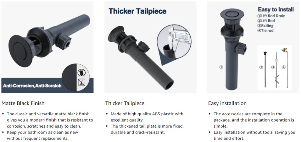 ARCORA Matte Black Bathroom Sink Drain with Overflow & Lift Rod for ...