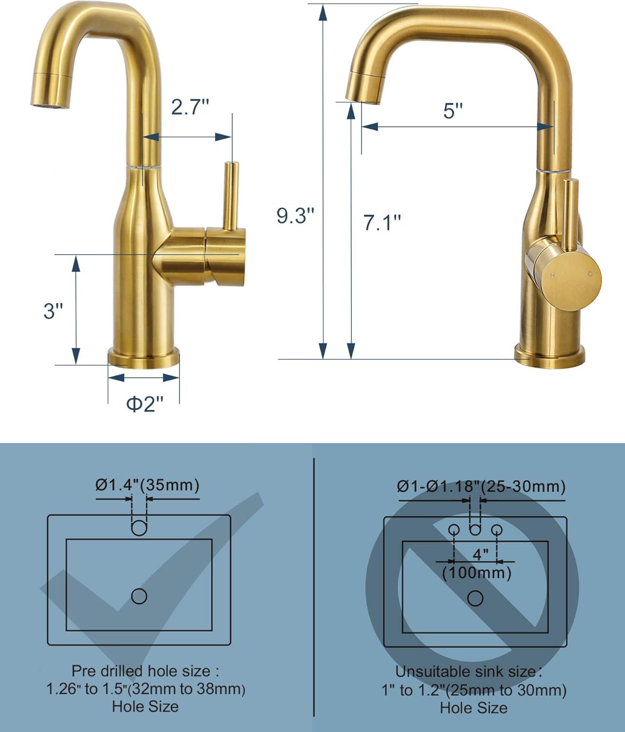 ARCORA Brushed Gold Single Hole Bar Sink Faucet with cUPC Supply Lines ...
