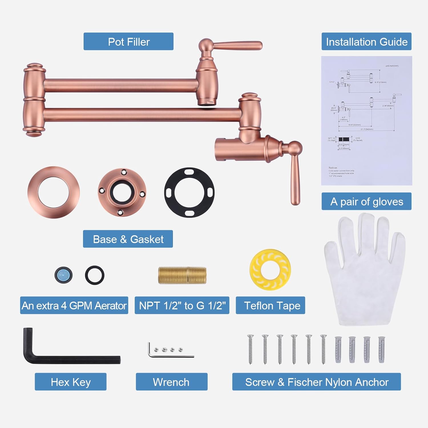 ARCORA Copper Wall Mount Pot Filler Kitchen Folding Faucet Over Stove ...