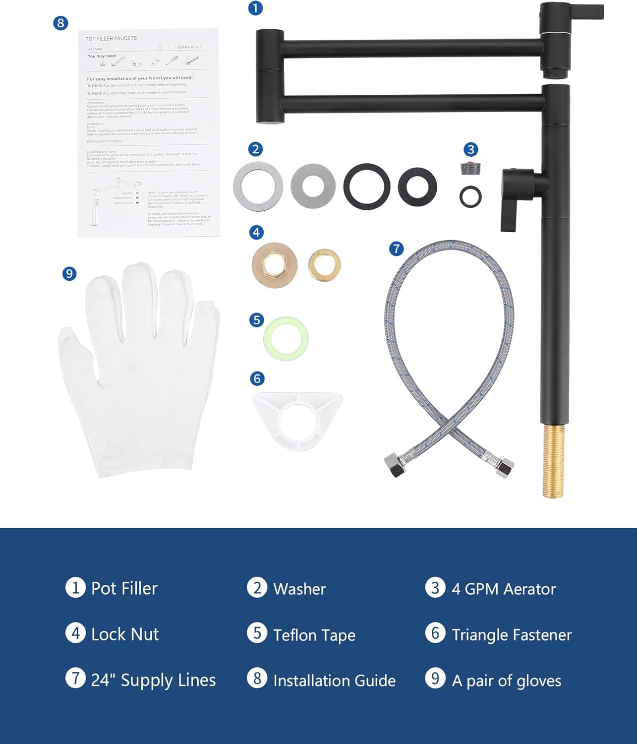 ARCORA Deck Mounted Solid Brass Pot Filler Matte Black Kitchen Folding ...