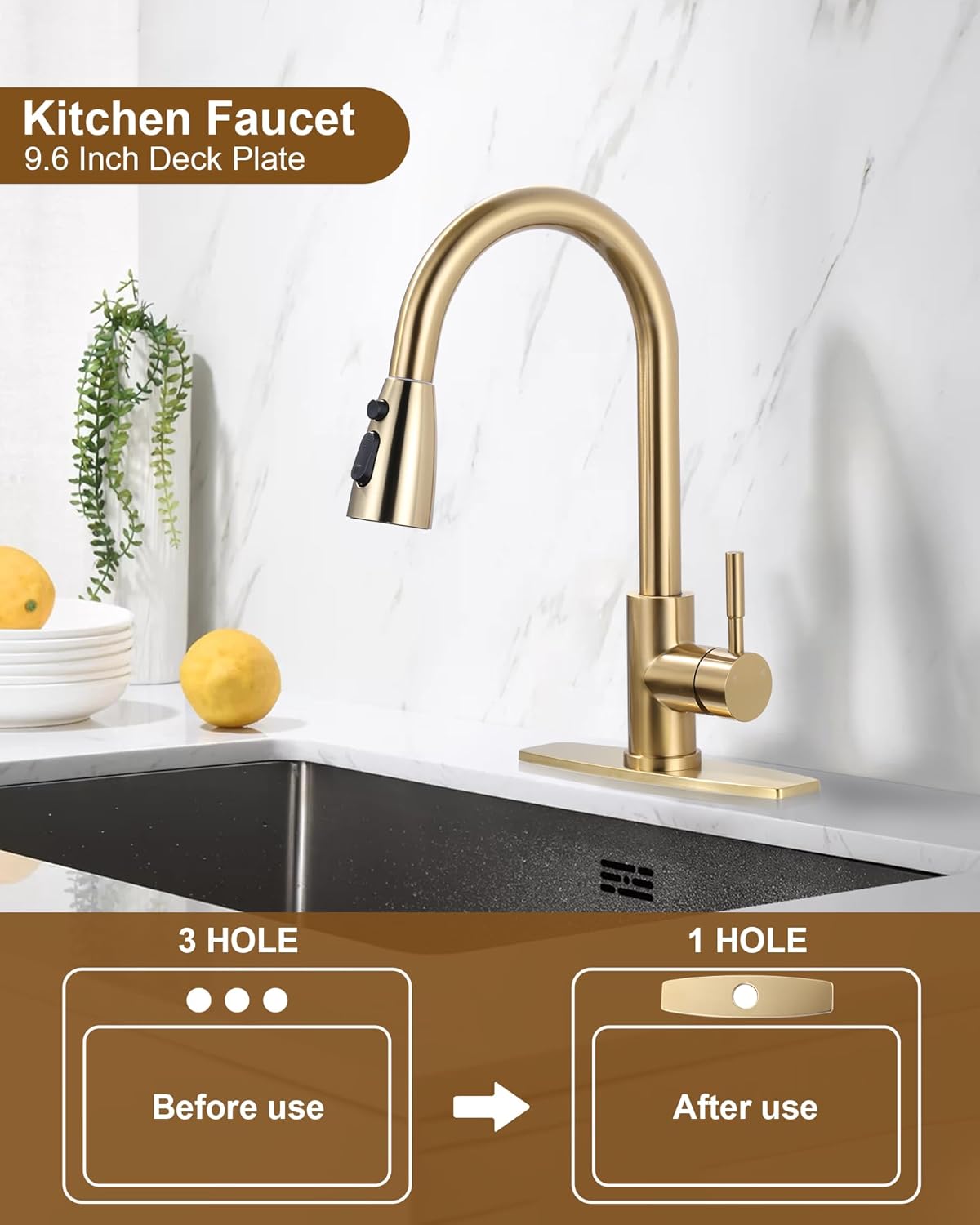 ARCORA 9.6 Inch Brushed Gold Faucet Hole Cover Stainless Steel Deck ...
