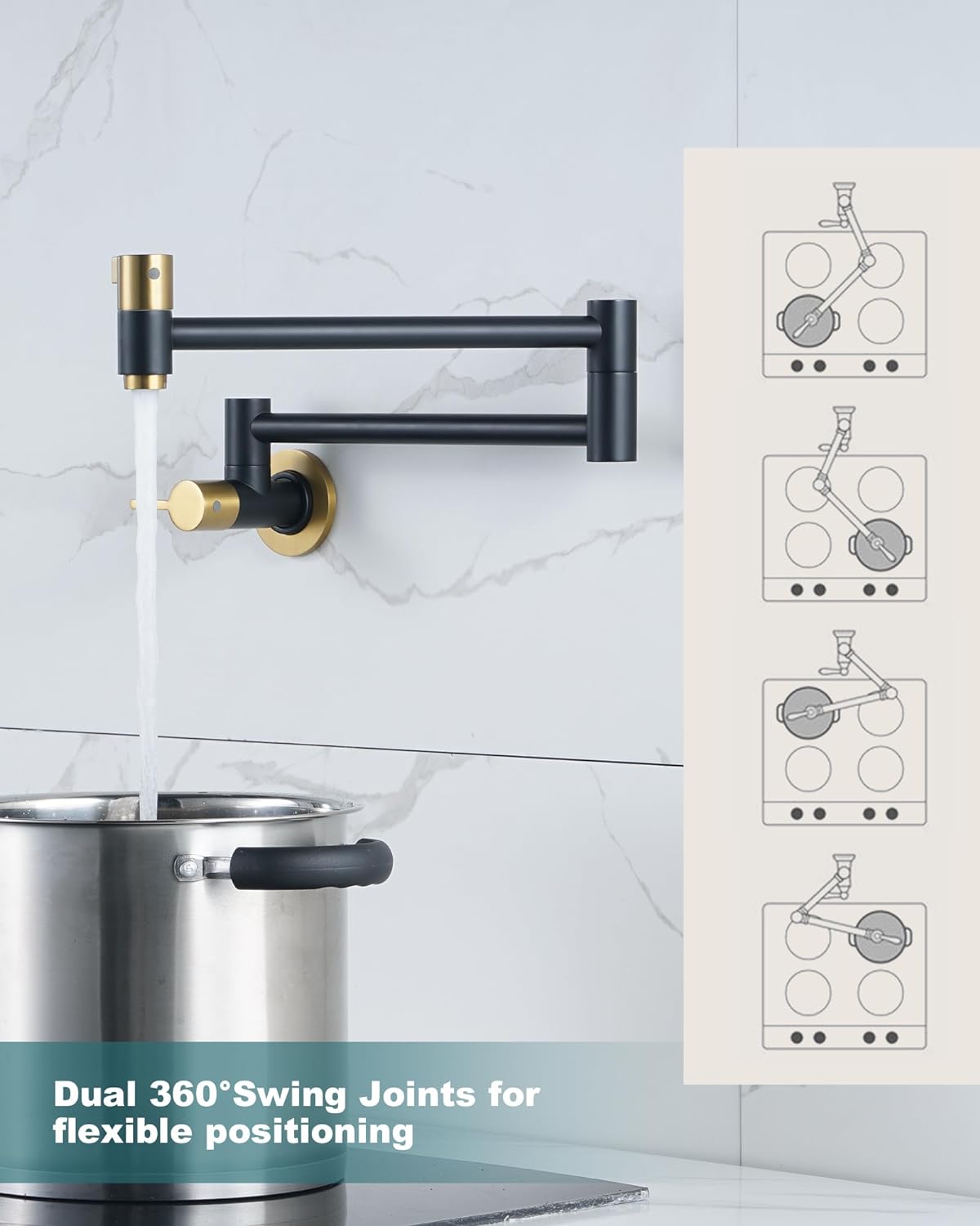 ARCORA Modern Black And Gold Pot Filler Wall Mount Folding Faucet With ...