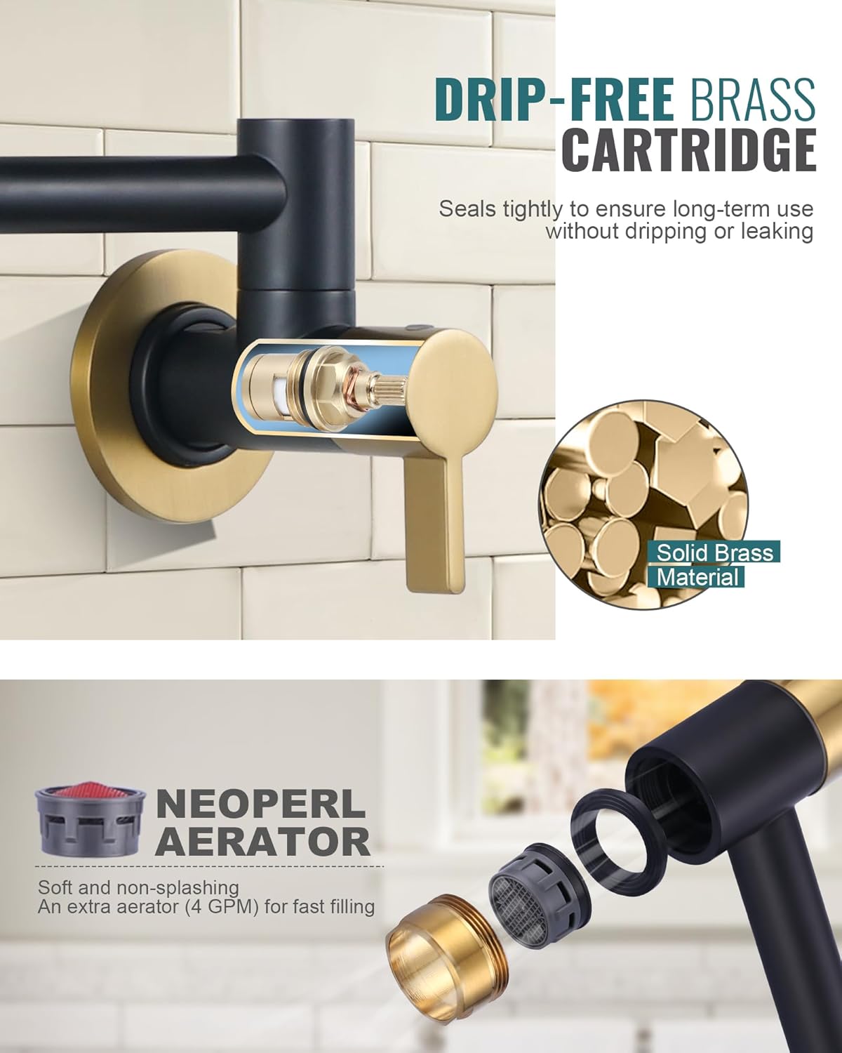 ARCORA Modern Black And Gold Pot Filler Wall Mount Folding Faucet With ...