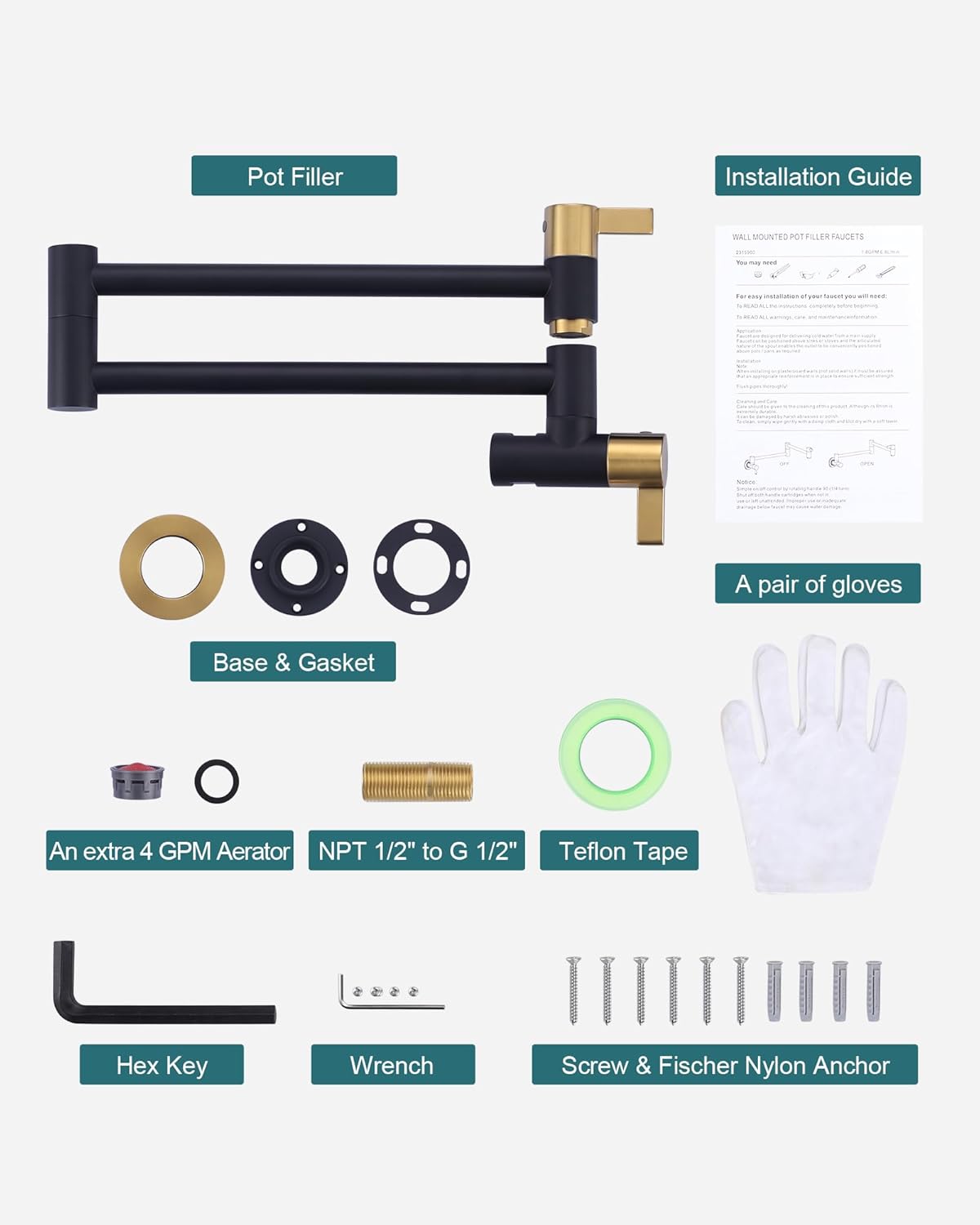 ARCORA Modern Black And Gold Pot Filler Wall Mount Folding Faucet With ...