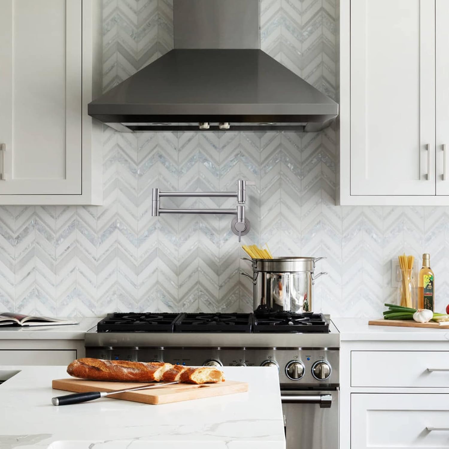 ARCORA Modern Brushed Nickel Pot Filler Wall Mount Folding Faucet With Double Joint Swing Arms ...