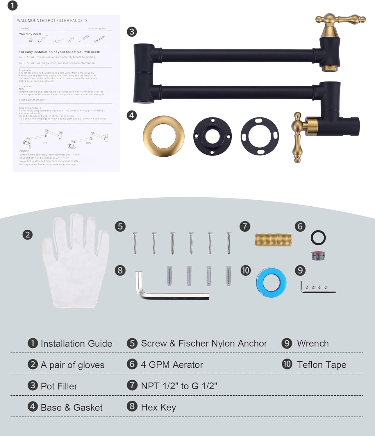 ARCORA Modern Wall Mount Black and Gold Pot Filler Commercial Kitchen ...