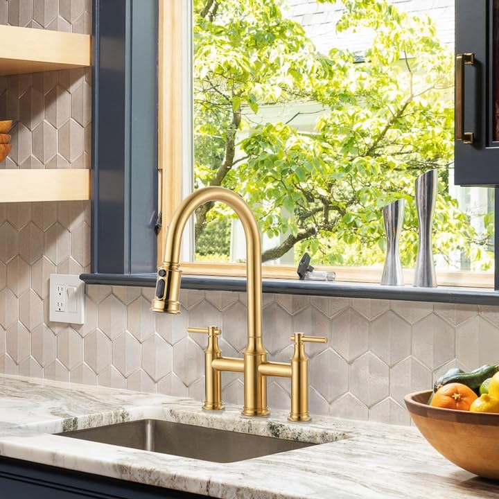 ARCORA 8 Inch Centerset Brushed Gold Farmhouse Bridge Kitchen Faucet ...