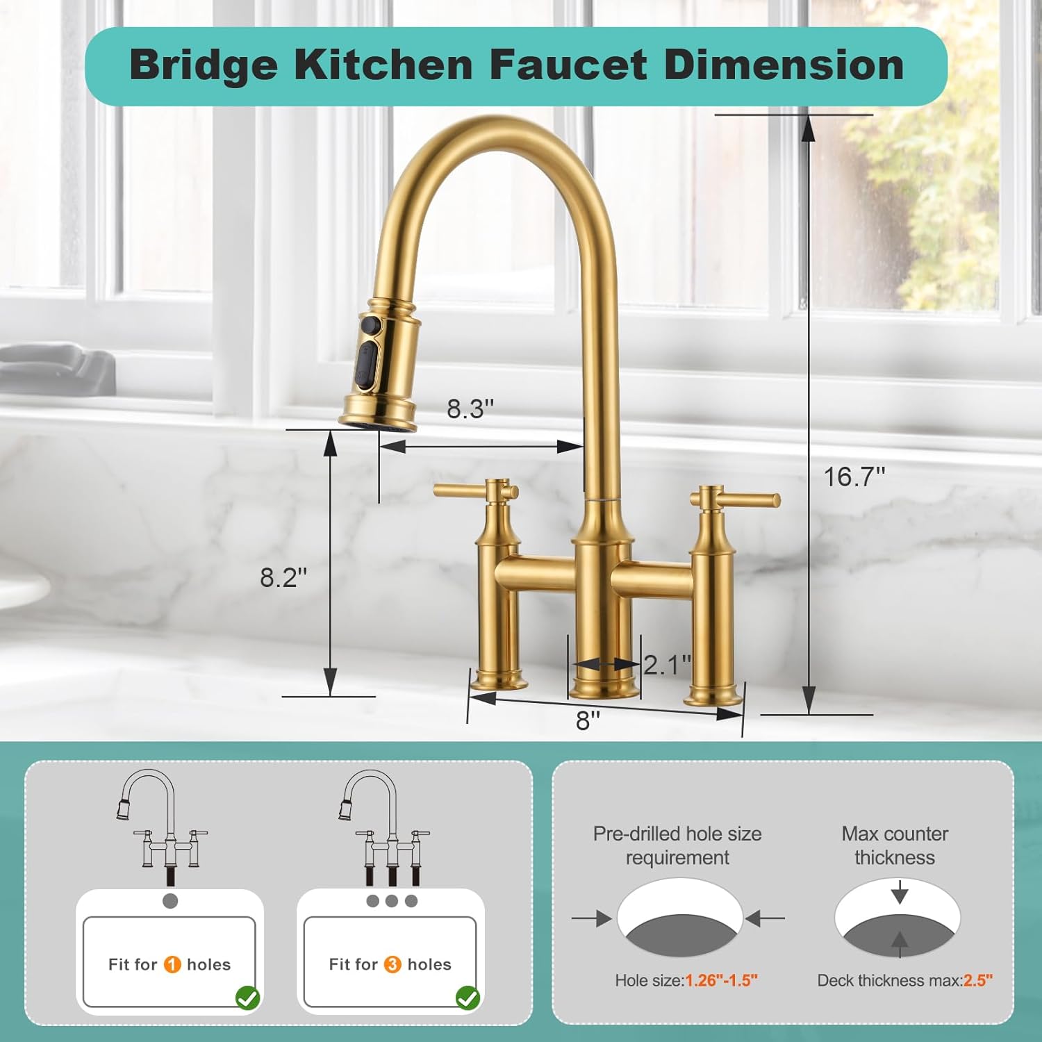ARCORA 8 Inch Centerset Brushed Gold Farmhouse Bridge Kitchen Faucet ...