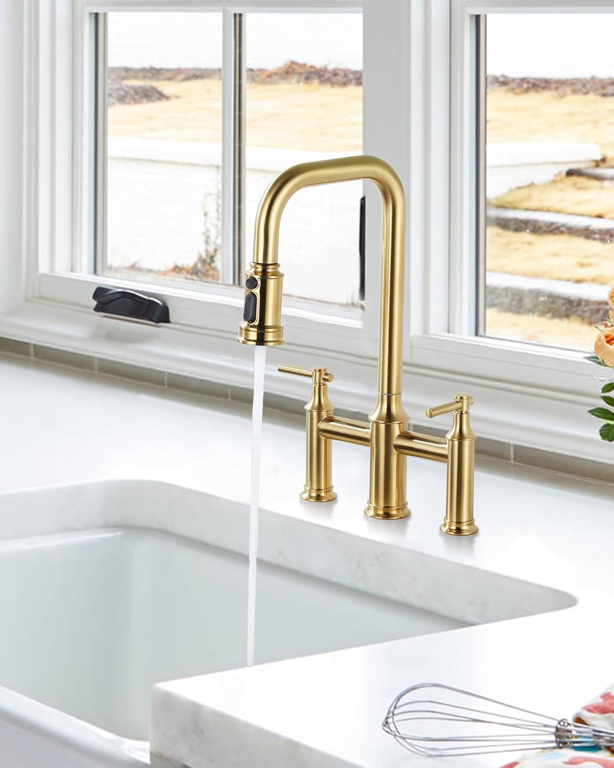 ARCORA Brushed Gold 8 Inch Centerset Farmhouse Bridge Kitchen Faucet ...
