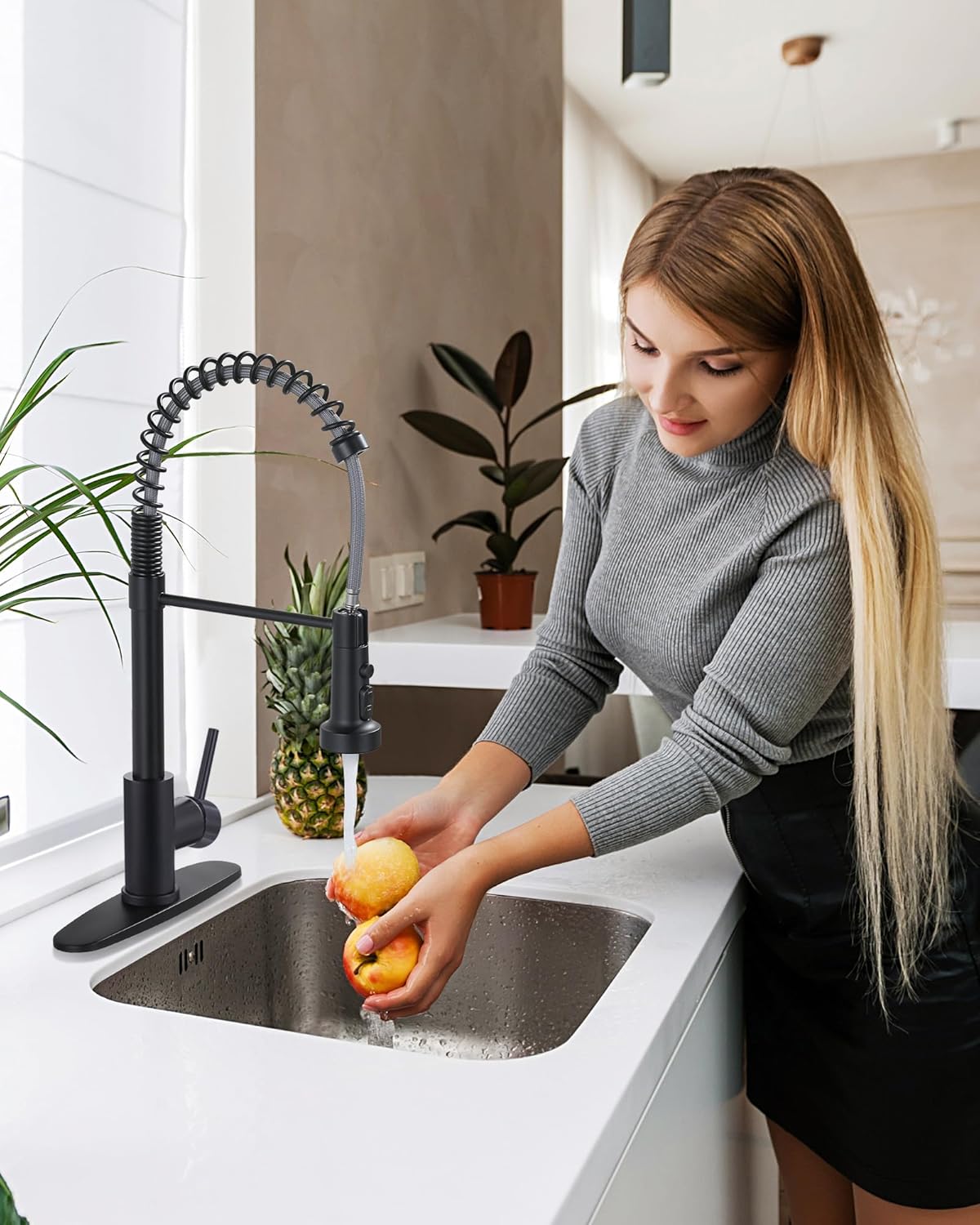 ARCORA Matte Black 3 Mode Commercial Pull Down Kitchen Sink Faucet with ...