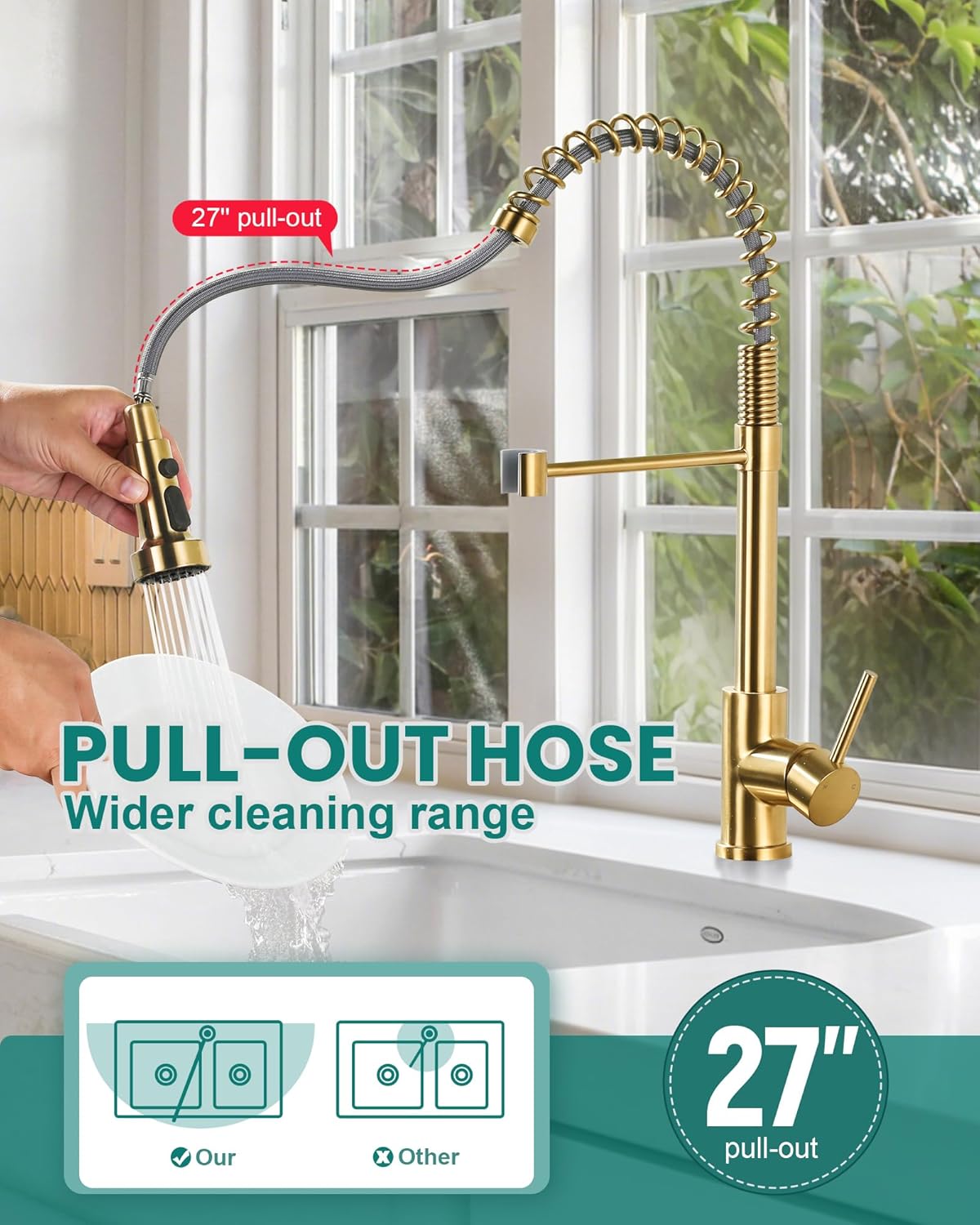 ARCORA Brushed Gold Pull Down Spring Kitchen Faucets with Deck Plate ...