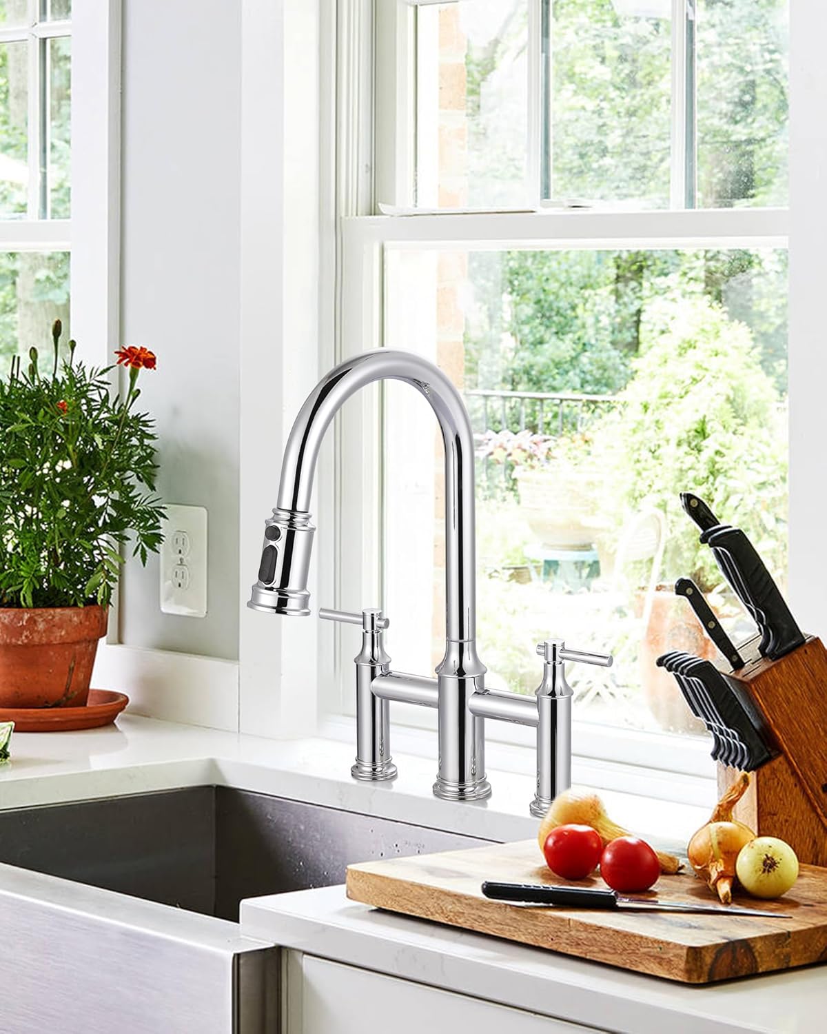 ARCORA Chrome Brass Bridge Faucet With Pull Down Sprayer For Farmhouse ...