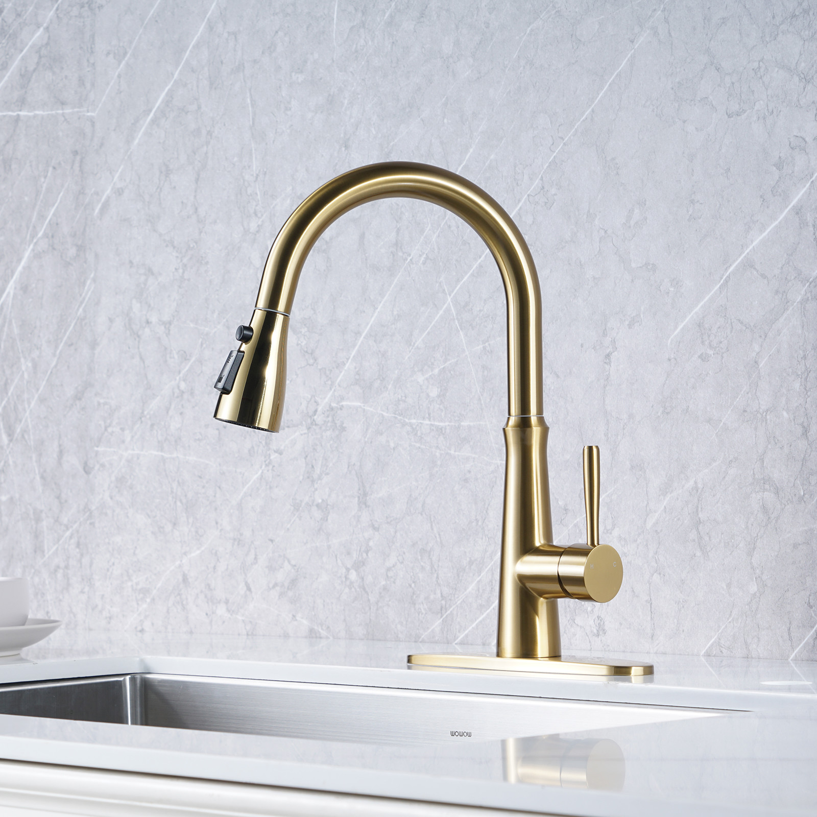 Single Handle High Arc Pull Down Sprayer Kitchen Faucet in Brushed Gold ...