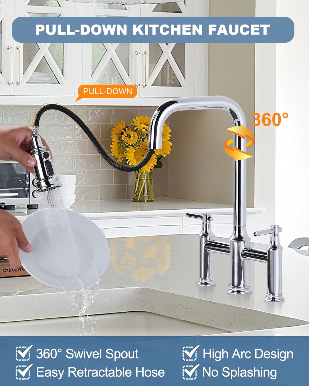 ARCORA Chrome High Arched Bridge Farmhouse Kitchen Faucet with Pull ...